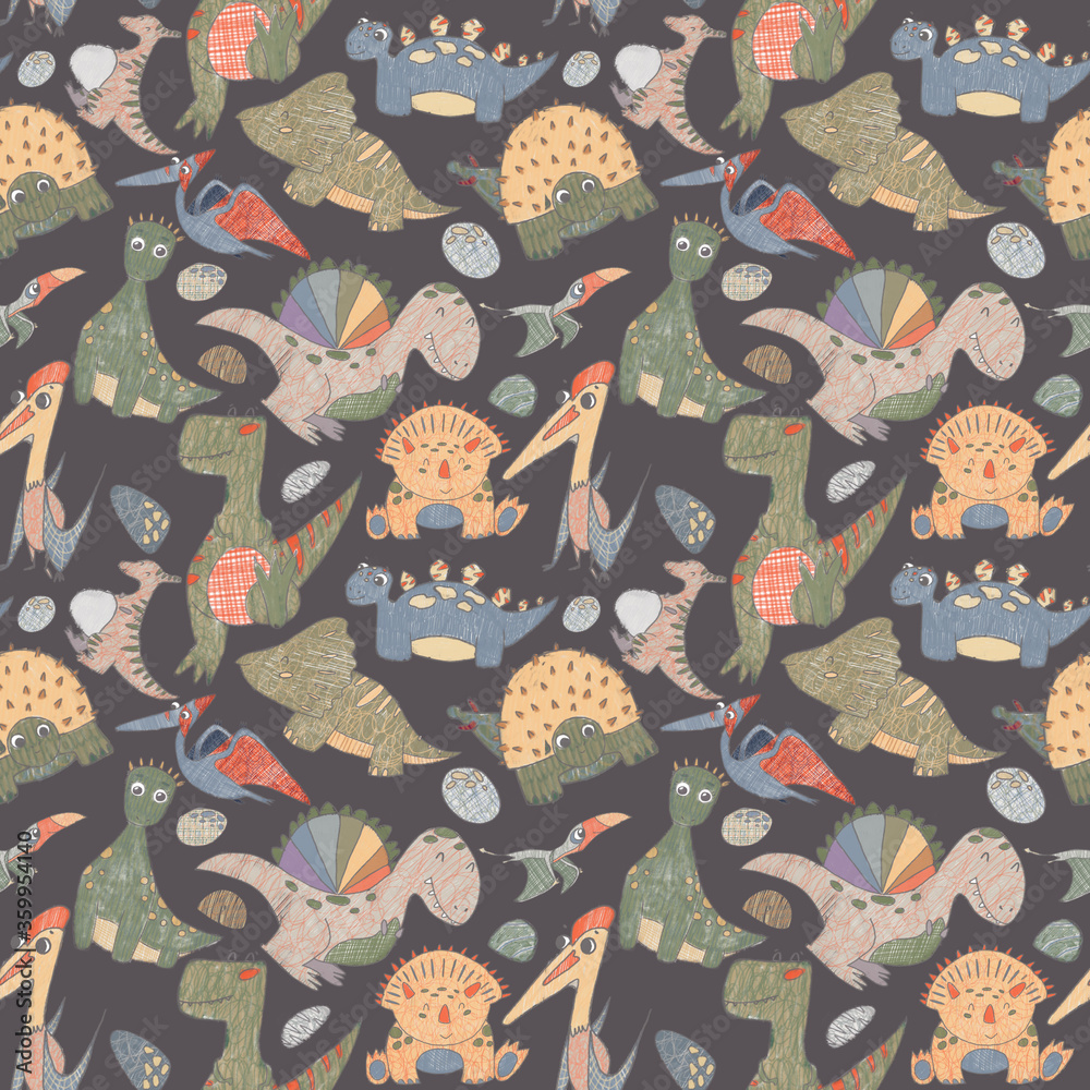Seamless pattern on dark gray background of dinosaurs with Tyrannosaur ...