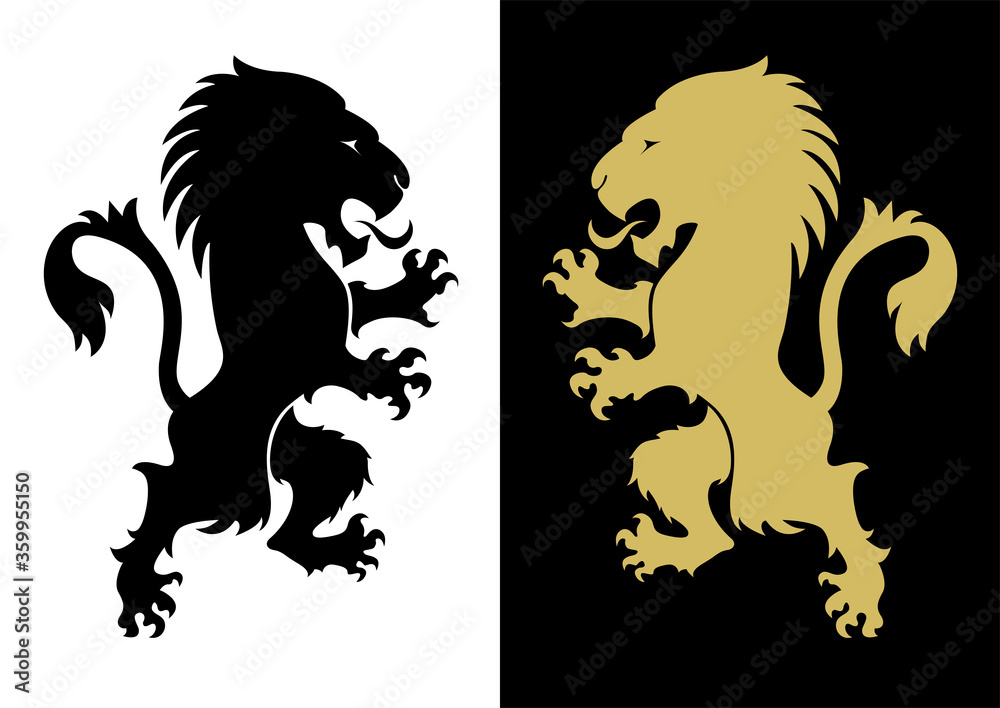 Two heraldic rampant lion silhouettes. Coat of arms. Heraldry logo ...