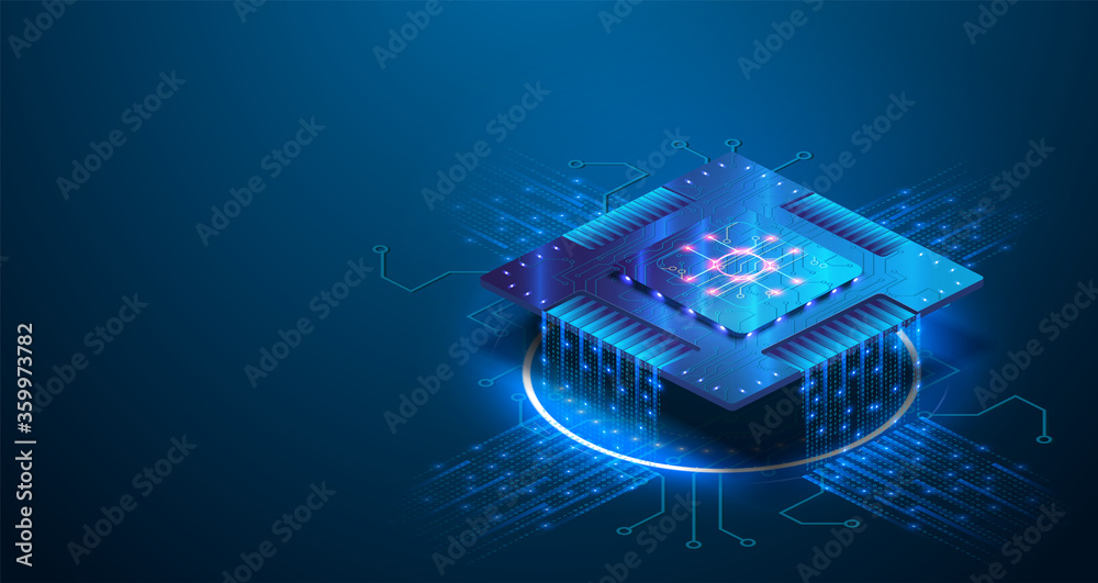 Futuristic blue neon microchip, data exchange and collection, smart new microchip concept ...