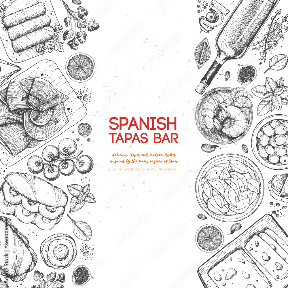 Spanish tapas, top view. Food menu design template. Vintage hand drawn ...