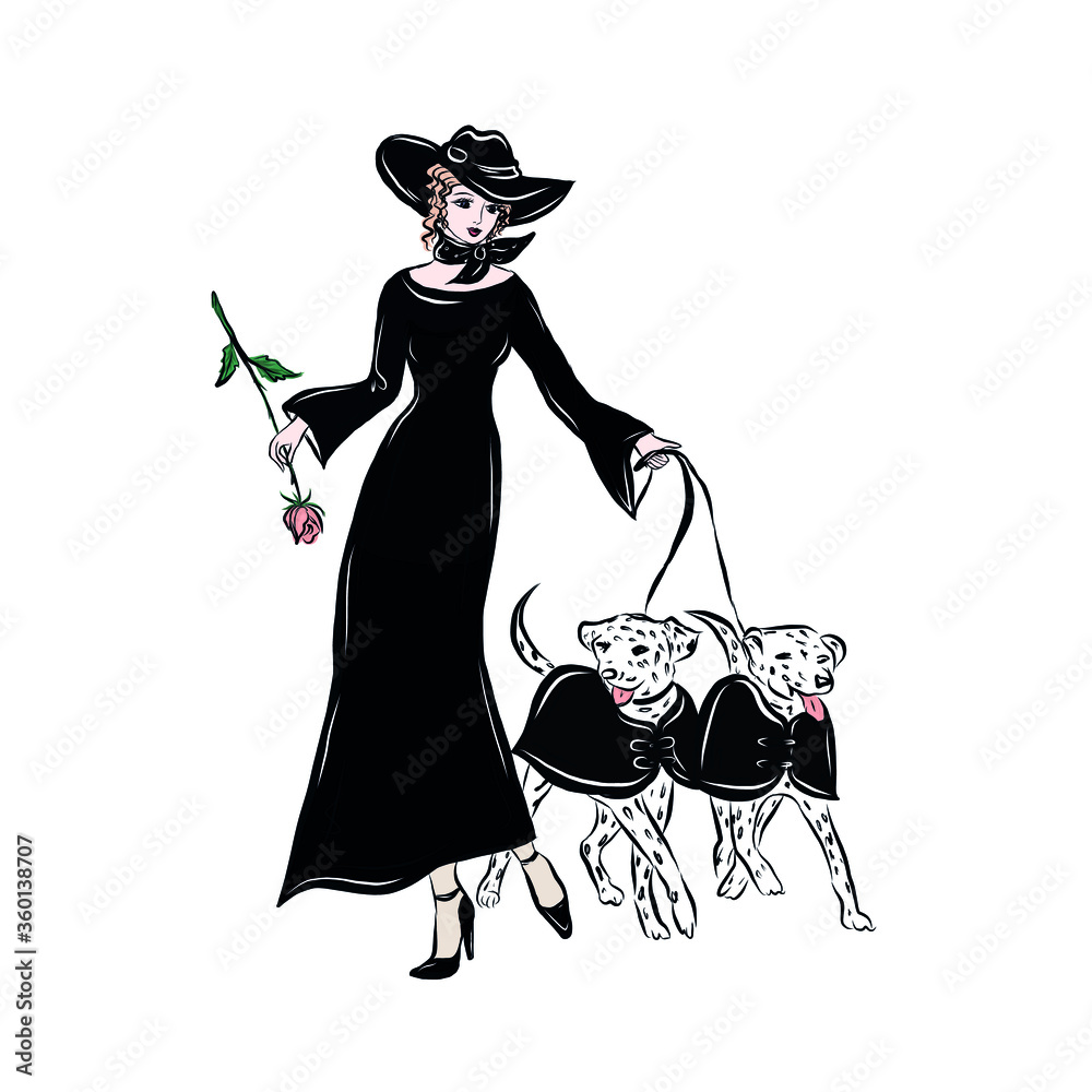 Elegant woman in black dress walking with three dogs. Woman dressed in ...