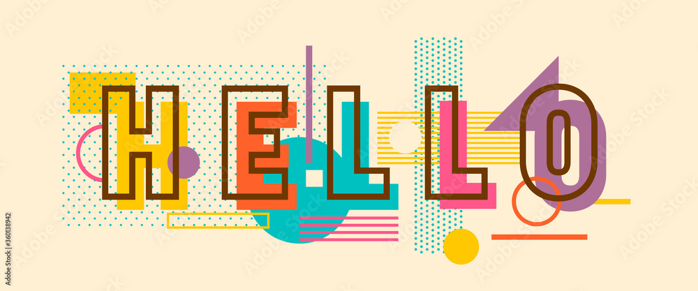 Hello banner design in modern style with various geometric shapes in ...