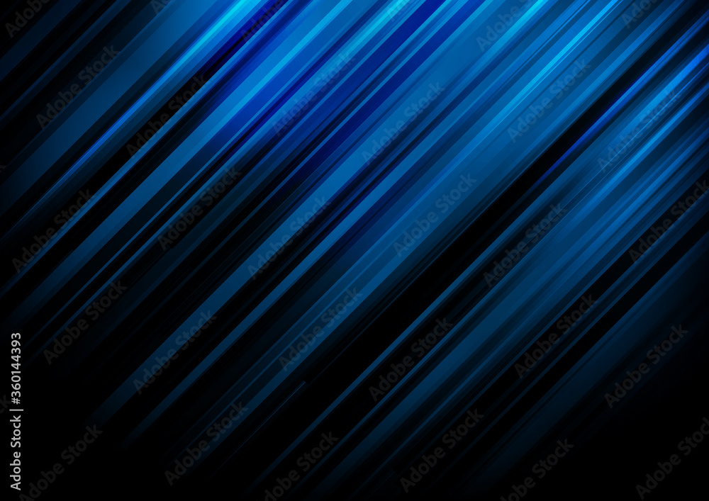 Abstract blue stripe diagonal lines light on black background with ...