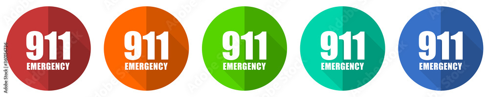 Number emergency 911 icon set, red, blue, green and orange flat design ...