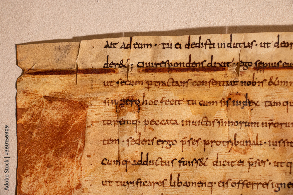 Anglo-saxon leaf showing script by scribe Cundpato from the C8th or ...