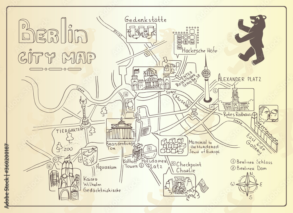 Illustrated map of Berlin, Germany. Doodle sketch map. Illustrations of ...