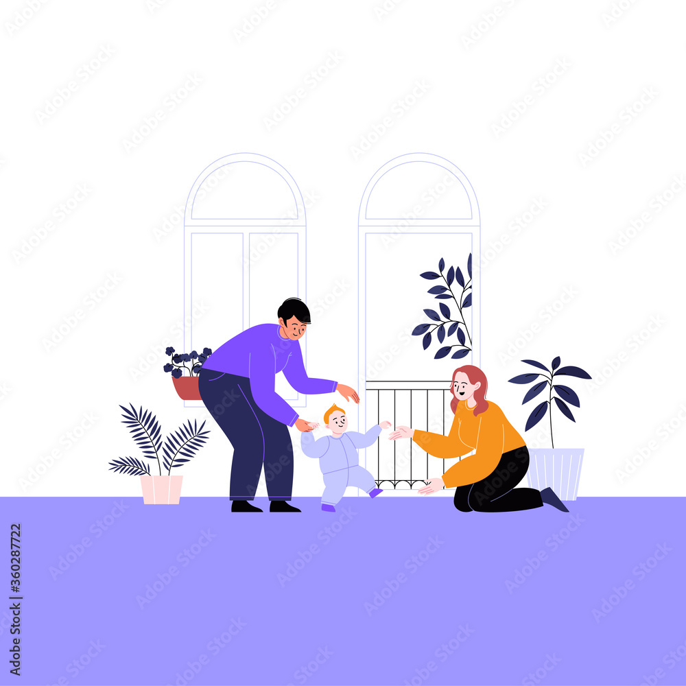 Flat illustration of a queer family with kid and pets. Two mothers ...