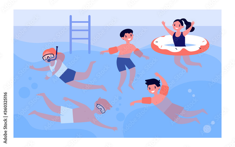 Happy children in swimming pool isolated flat vector illustration ...