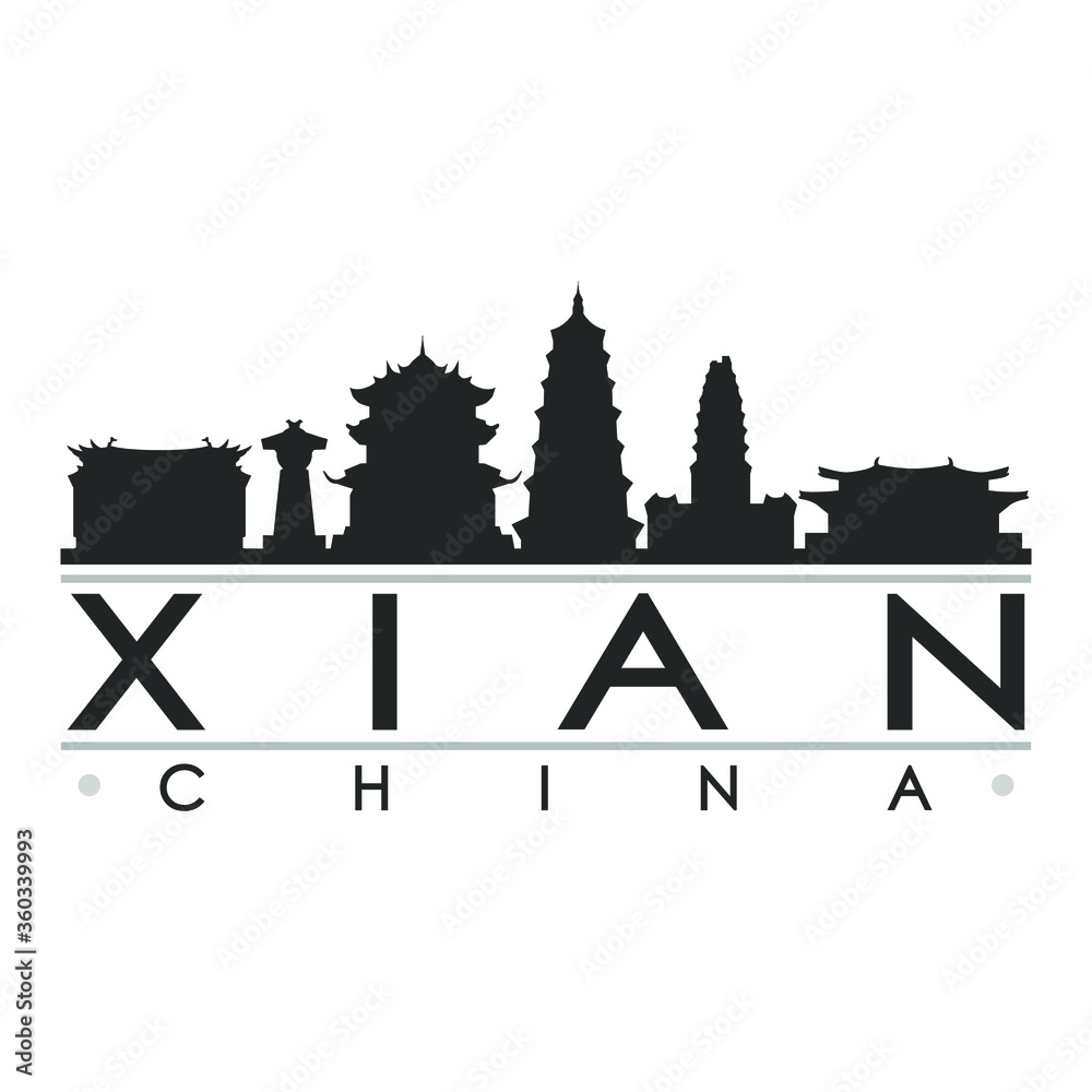 Xian China Skyline Silhouette Design City Vector Art Famous Buildings ...