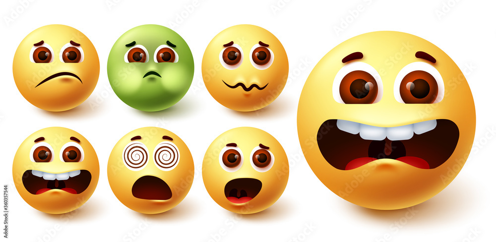 Emoji smiley vector set. Smileys yellow emoji face in different weird ...