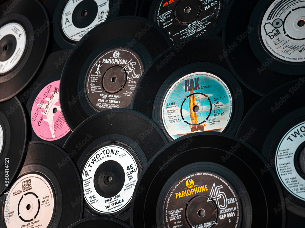 London, England - May 21, 2020: Selection of vintage vinyl 45rpm ...