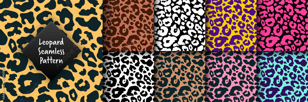 Trendy leopard seamless pattern set. Hand drawn wild animal cheetah ...