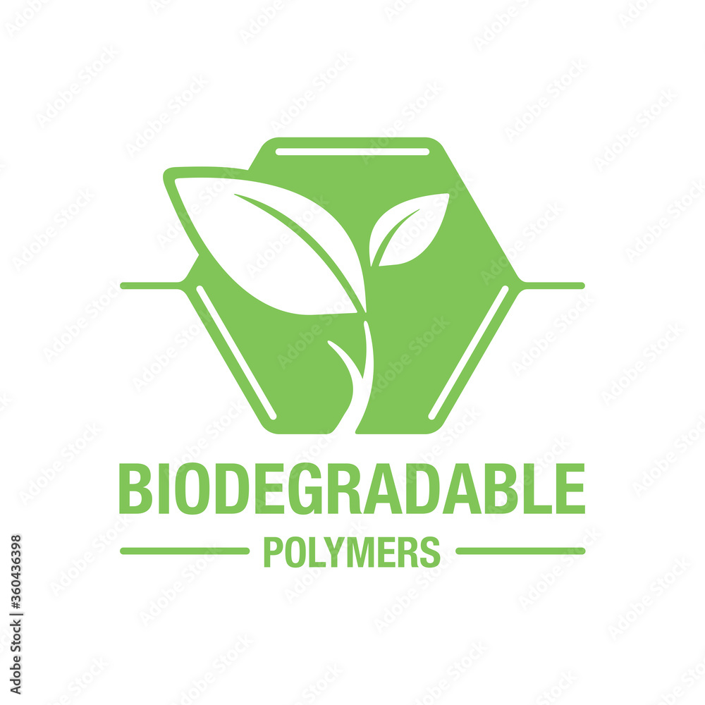 Biodegradable polymers icon - green emblem with plastic polymer ...