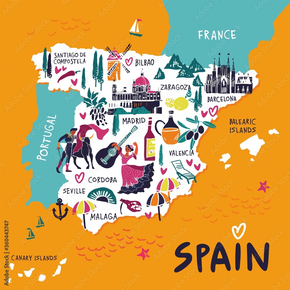 Decorative tourist map of Spain with sights, architecture, city names ...