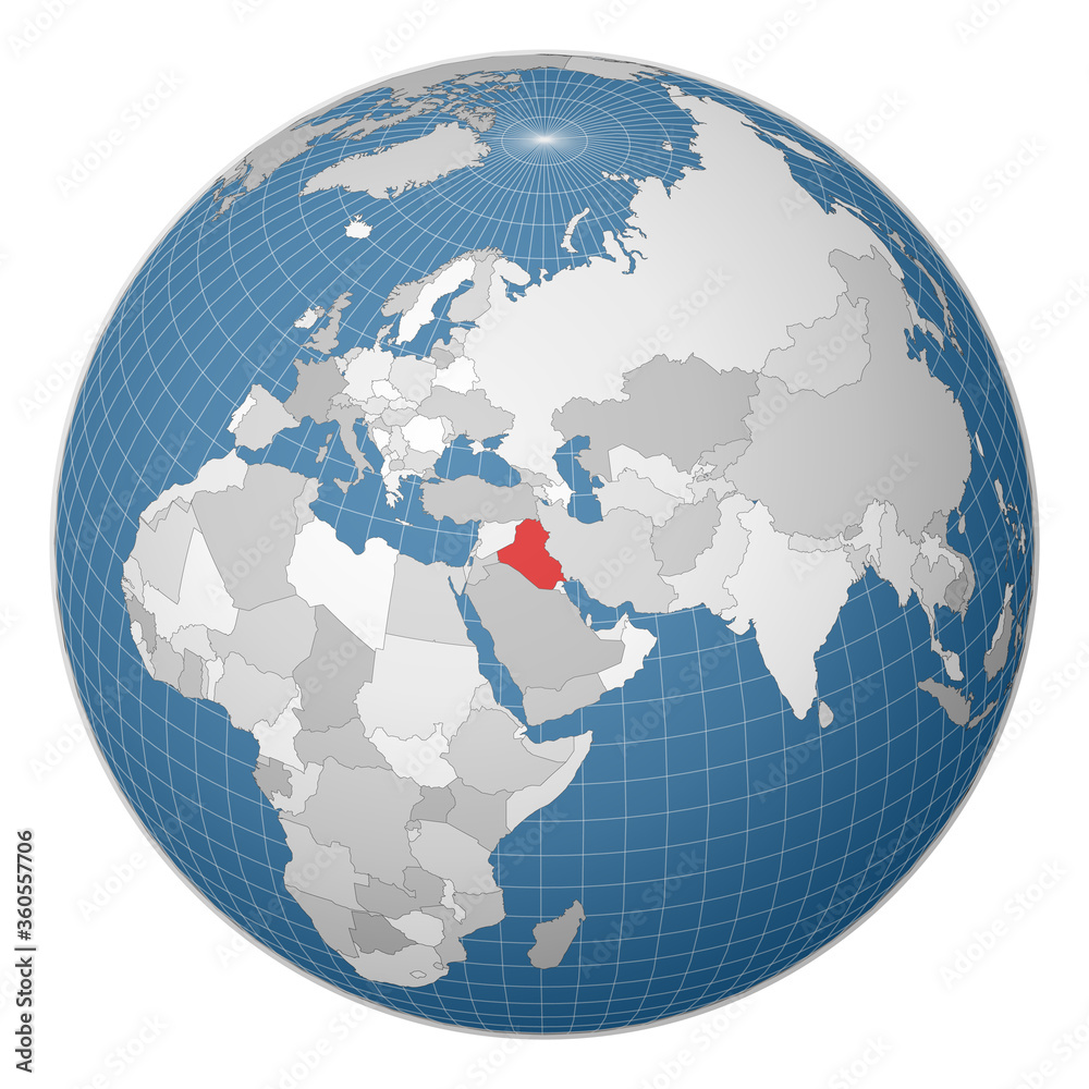 Globe centered to Republic of Iraq. Country highlighted with green ...