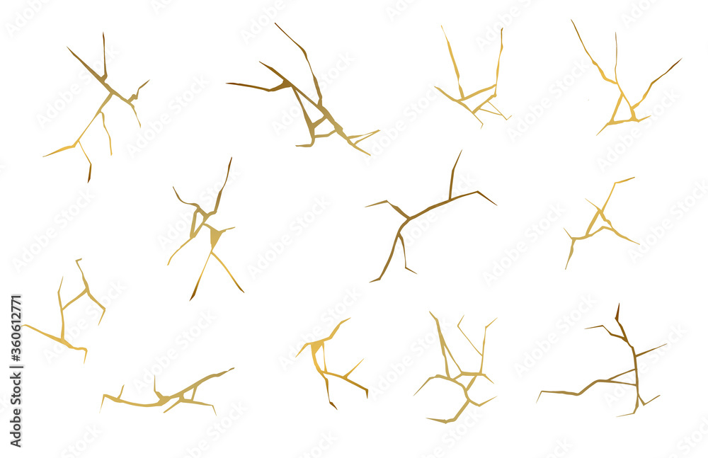 Golde kintsugi crack vector isolated elements. Golden texture. Broken ...