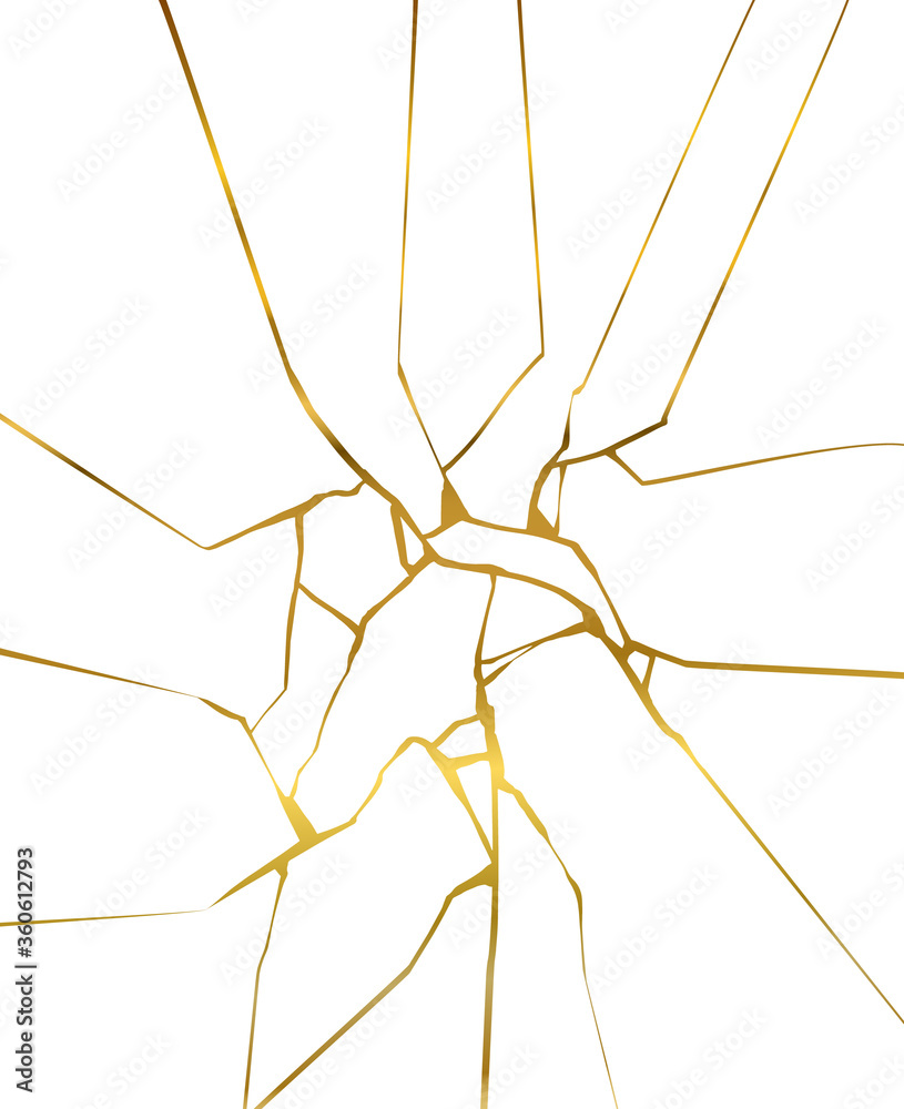 Gold kintsugi crack vector card on white background. Golden texture ...