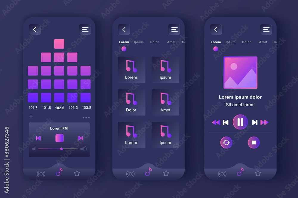 Music player unique neomorphic dark design kit. Audio app with graphic ...