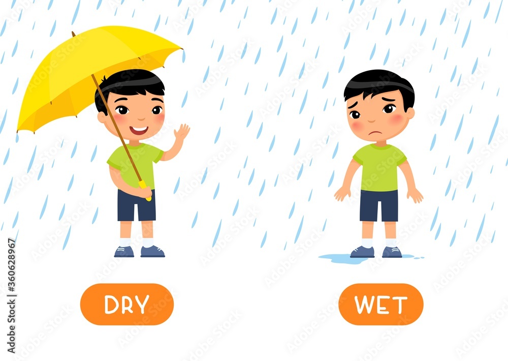WET and DRY antonyms word card vector template. Flashcard for english ...