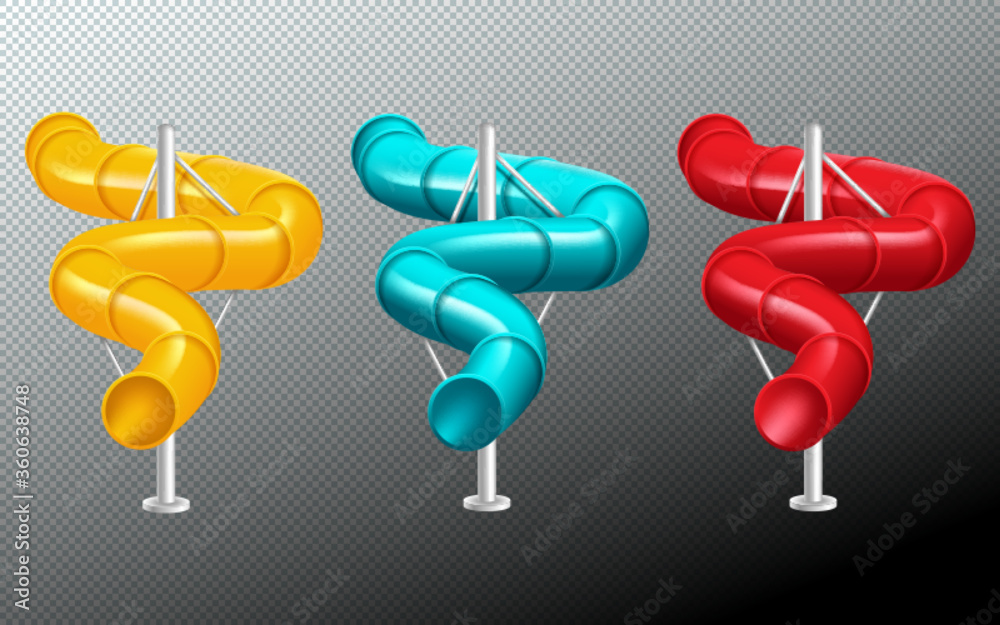 Vector illustration of 3d screw slides realistic waterpark pool ...