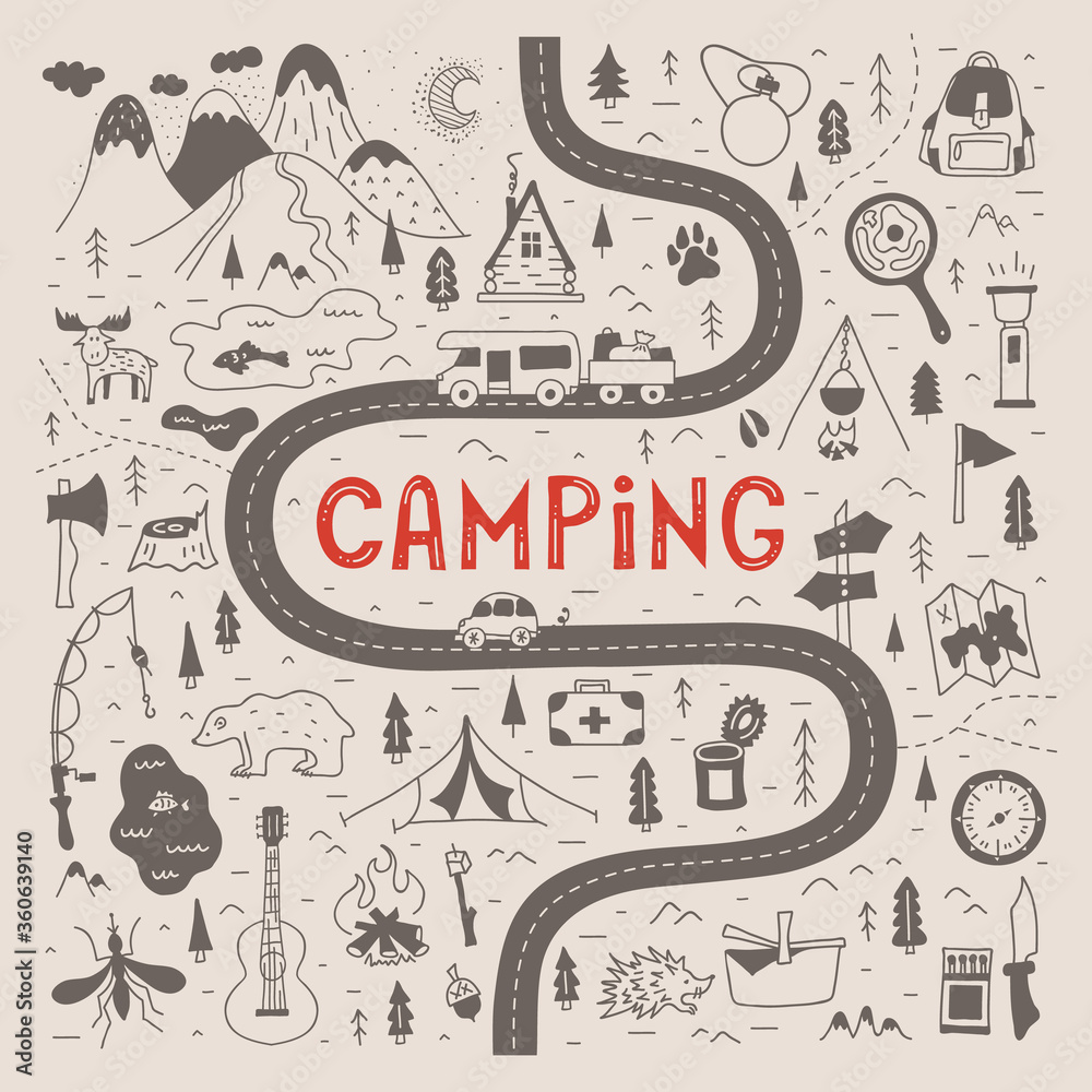 Camping map in vintage style with lettering. Hand-drawn vector ...