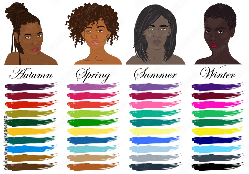 Seasonal color analysis. Set of vector black women with different types ...