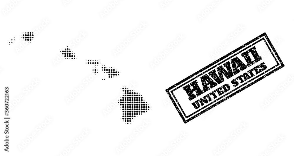 Halftone map of Hawaii State, and rubber watermark. Halftone map of ...