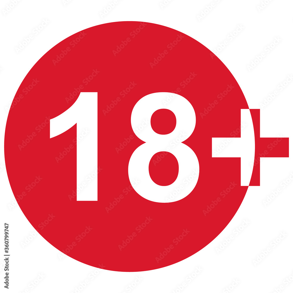 18+ restriction flat sign isolated in red circle. Age limit symbol. No ...