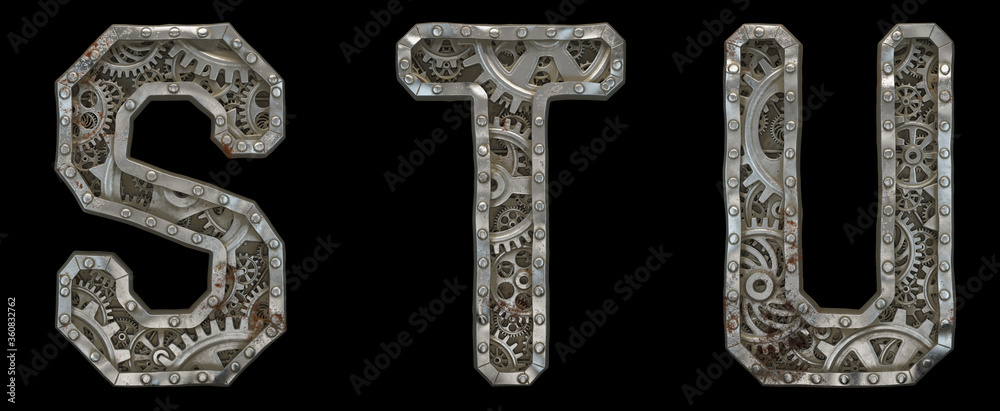 Mechanical alphabet made from rivet metal with gears on black ...