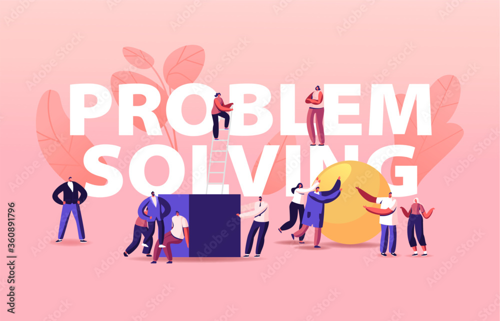 Problem Solving Concept. Tiny People Pushing Huge Cube and Ball Figures ...