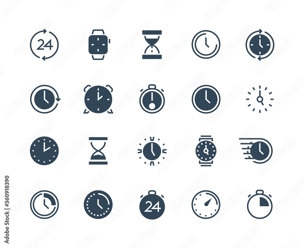 Clock black icons. Time and calendar infographic symbols with stopwatch ...