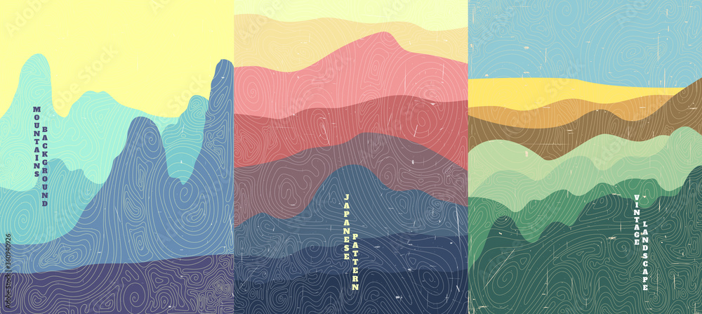 Vector illustration landscape. Wood surface texture. Hills, mountains ...