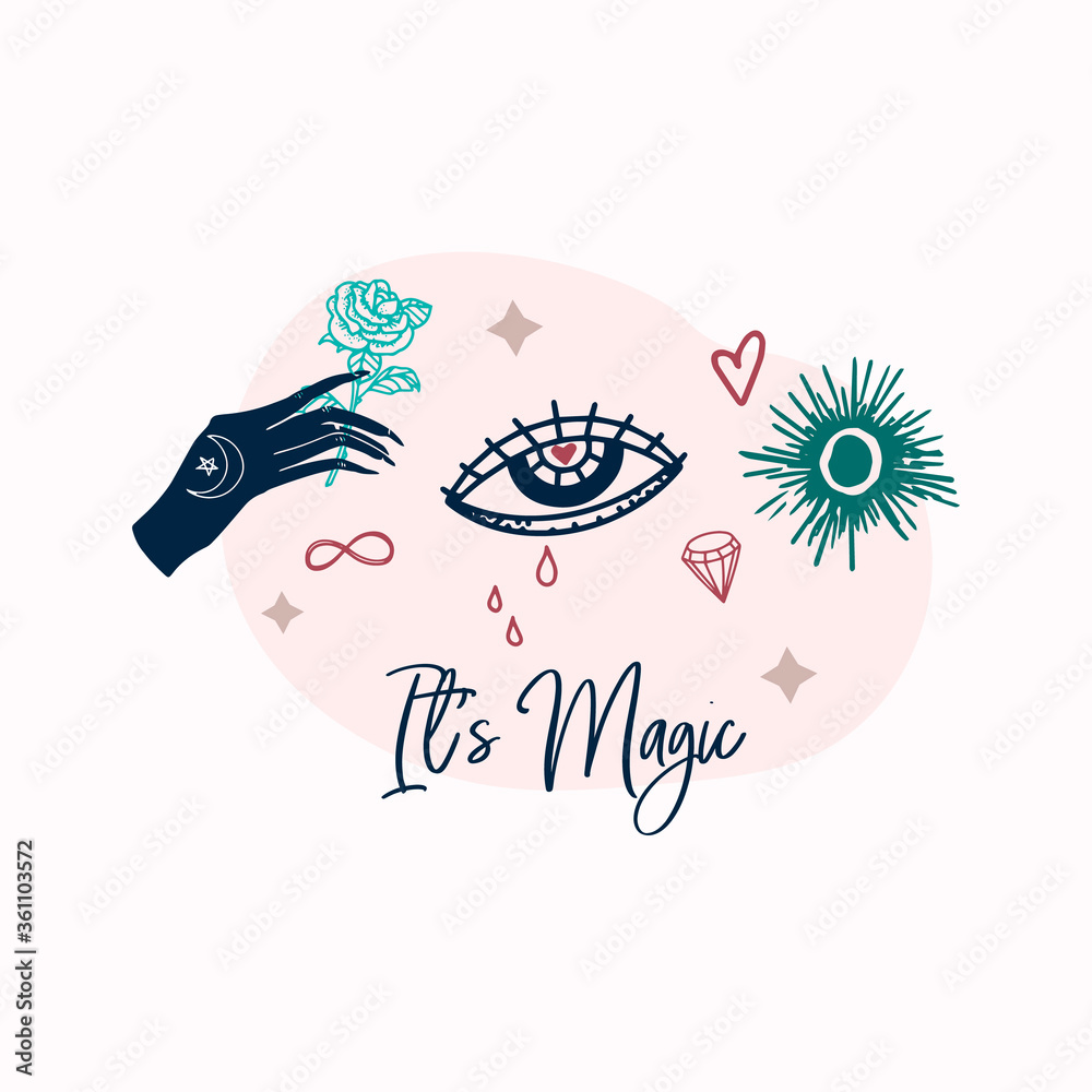 Magic symbols - hand with a rose, eye with a tear, solar eclipse ...