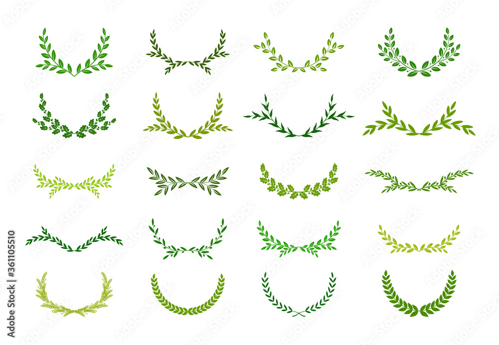 Set of green silhouette laurel foliate, wheat, oak and olive wreaths ...