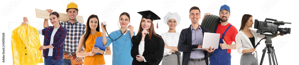 Career choice. People of different professions on white background ...