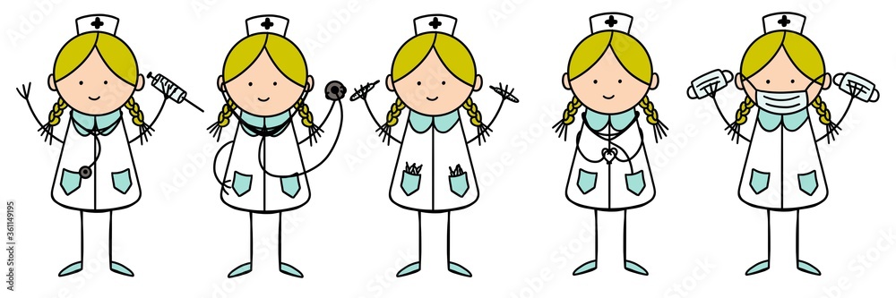 Nurse at work. Set of cartoon illustration of cheerful nurse Stock ...