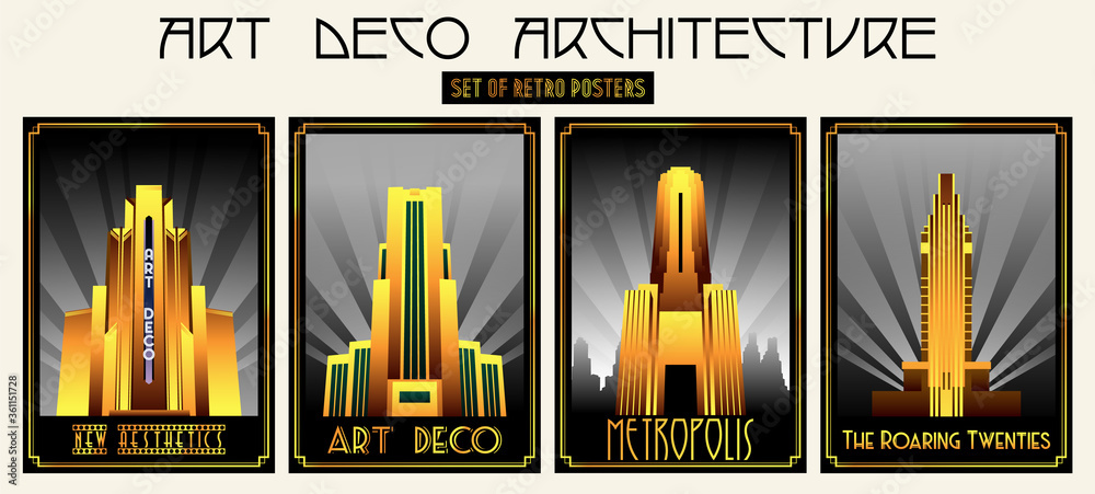 Art Deco Architecture 1920s Style Poster Set, Golden Skyscrapers ...