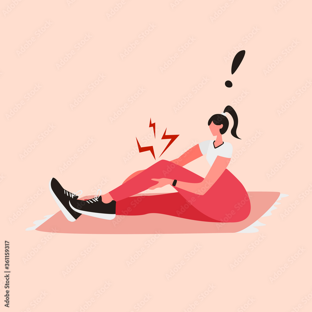 Girl holds her leg and suffers from pain vector illustration. Sport ...