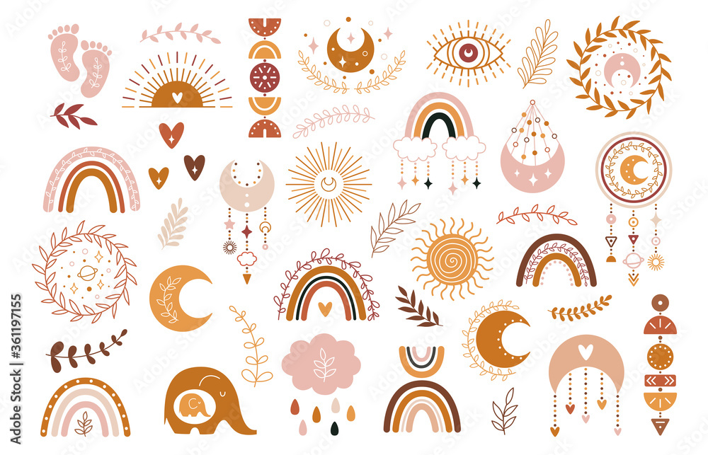 Vector hand drawn boho clipart for nursery decoration with cute ...