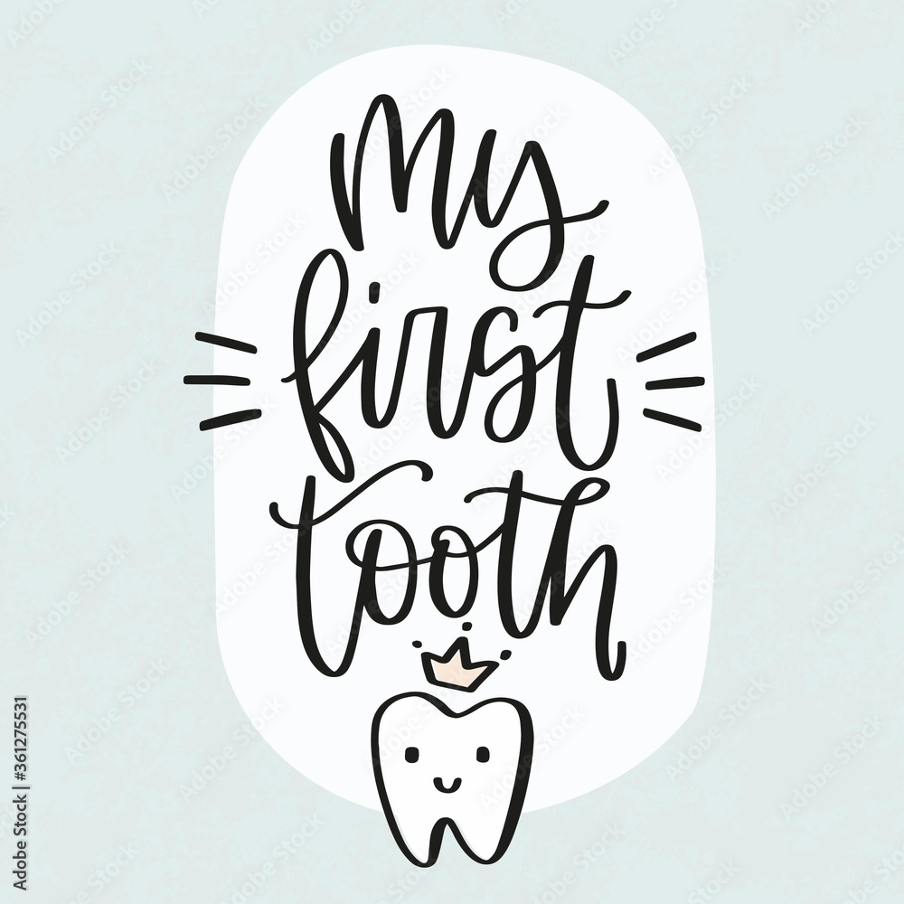 My first tooth quote vector design. Smiling baby tooth with crown and ...