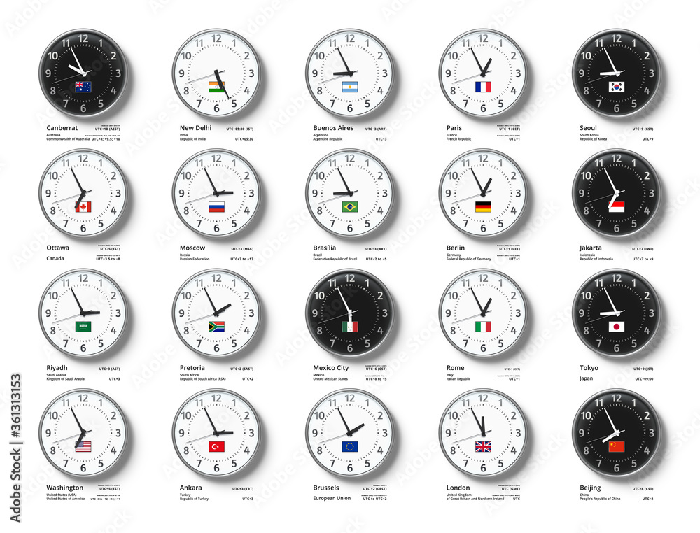 G20 Time Zones. Wall clocks with flags and time of Group of Twenty ...