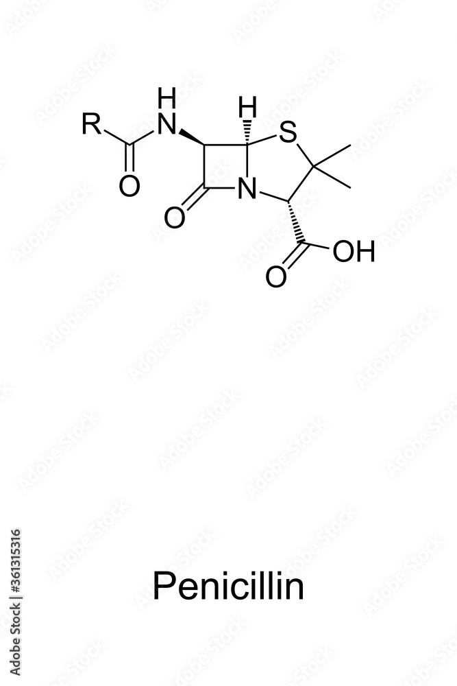 Penicillin, chemical core structure and skeletal formula of PCN or pen ...