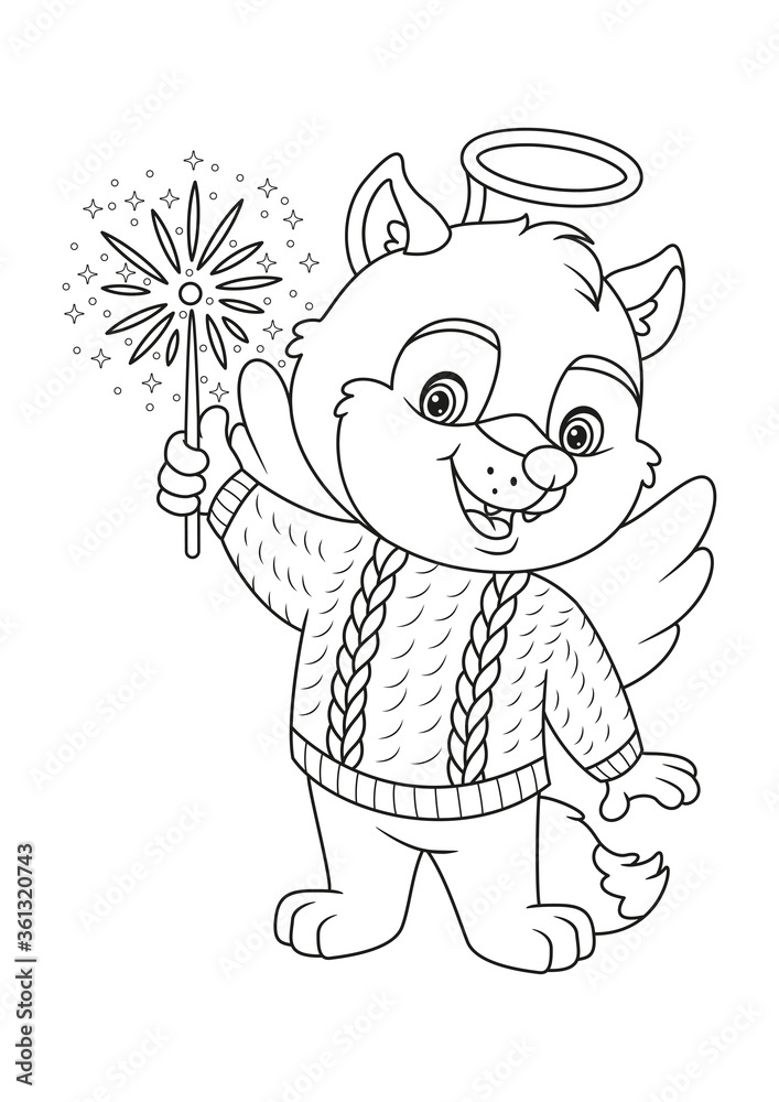 Wolf in Costume Angel with Firework Coloring Page. Black and white ...