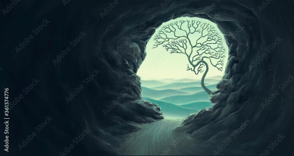 Tree brain with human head cave, idea concept of think hope freedom and ...