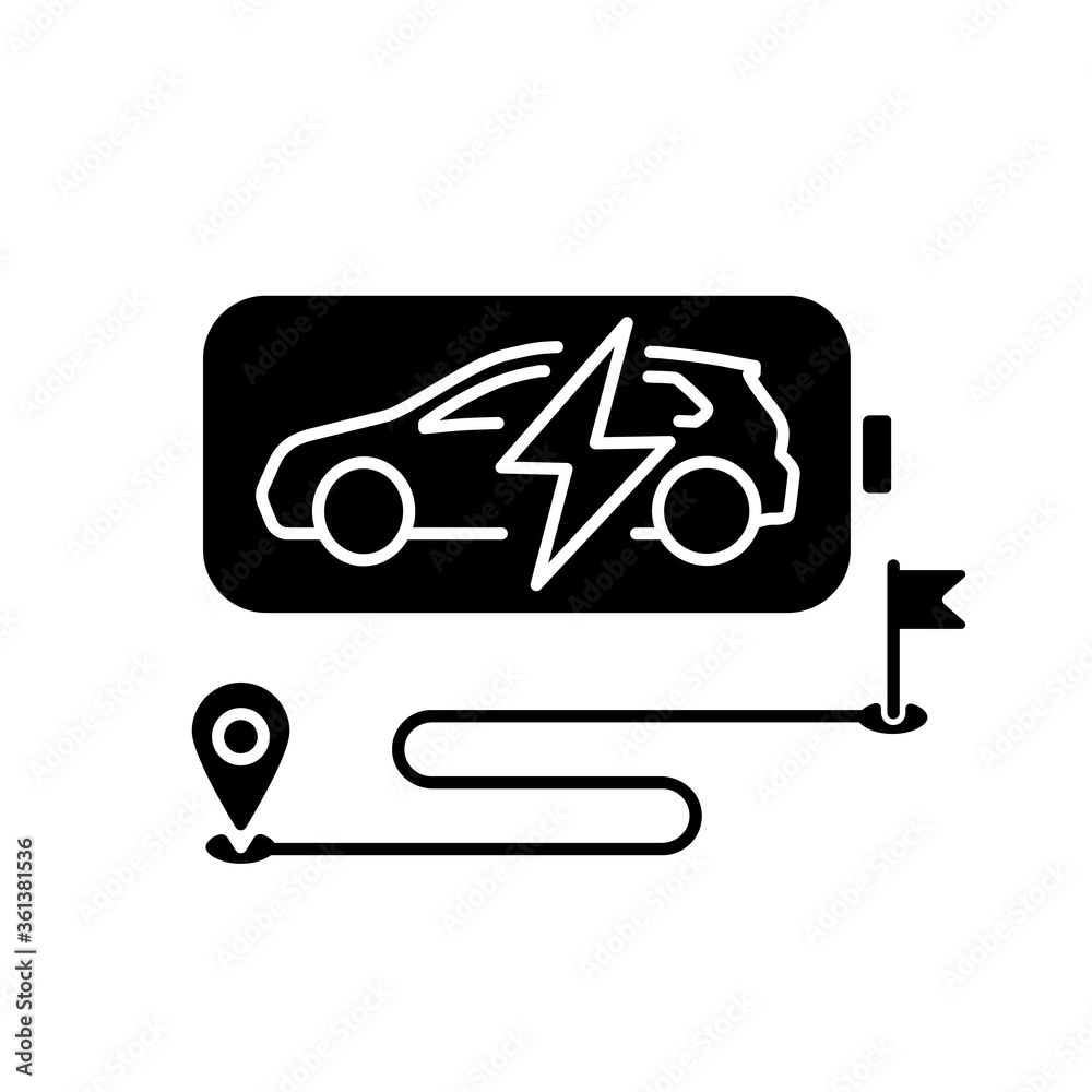 Battery range black glyph icon. Electric vehicle max travel distance ...