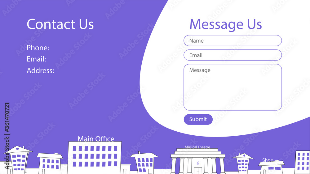 Contact screen concept for website with cartoon city silhouette. Form ...