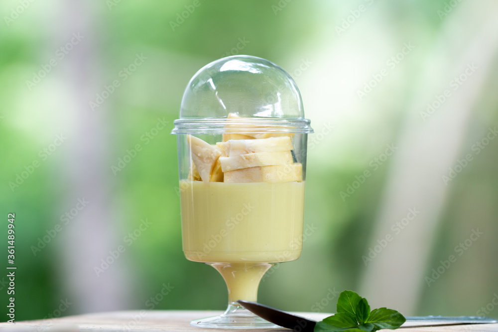 Durian fruit pudding in a cup home made Traditional fruit dessert Stock ...