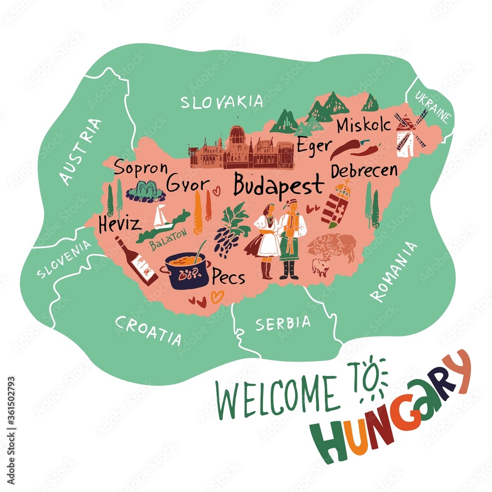 Color vector stylized map of Hungary. Travel illustration with ...