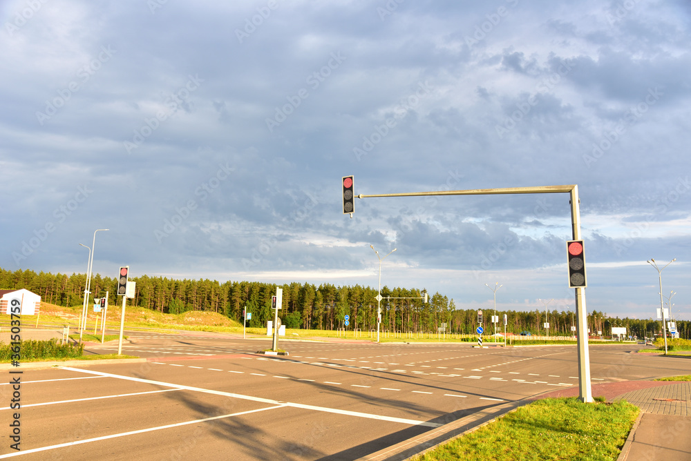 Red traffic signal at road. Traffic light control and coordination ...