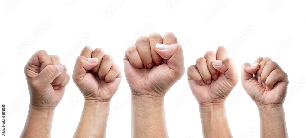 Hand man raised fist air fighting isolated on white background. Stock ...
